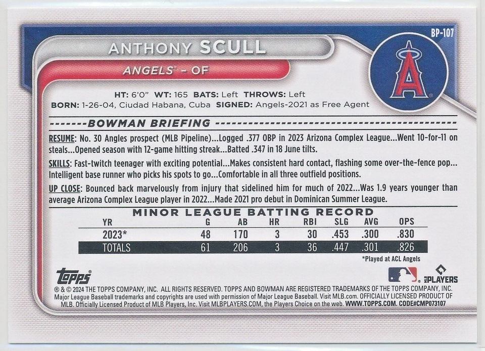 2024 Bowman Baseball - Anthony Scull - Los Angeles Angels - 1st Bowman ...