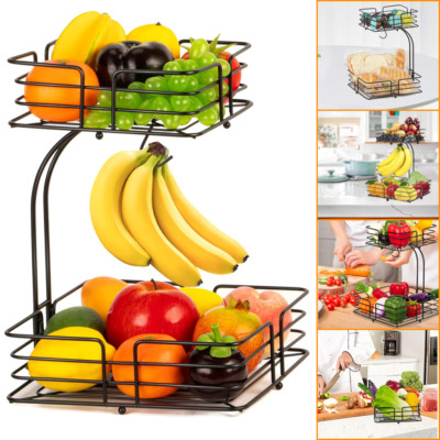 2 Tier Fruit Bowl Holder with Banana Hanger Hook Tree Fruit Bowl Basket ...