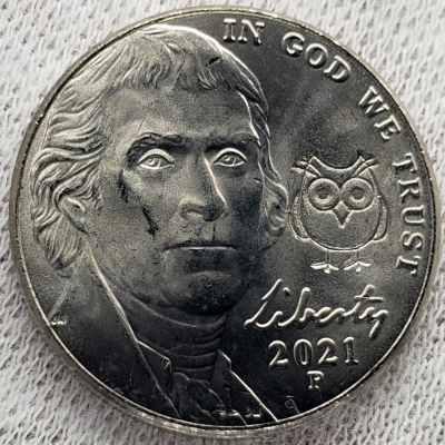 Thomas Jefferson 5C Nickel Hootie Owl Bird Nature Counterstamp Gift ...