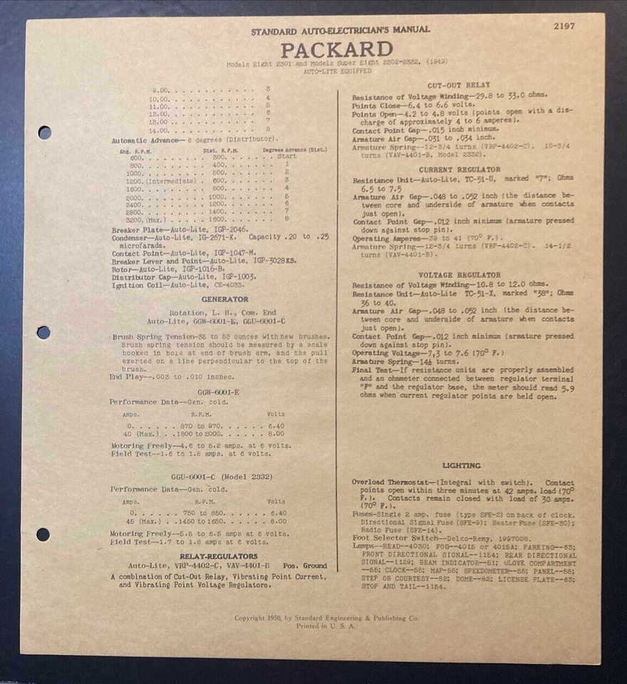 1949 Packard Models 2301 & Super Eight 2302-2332 Auto Electrical ...