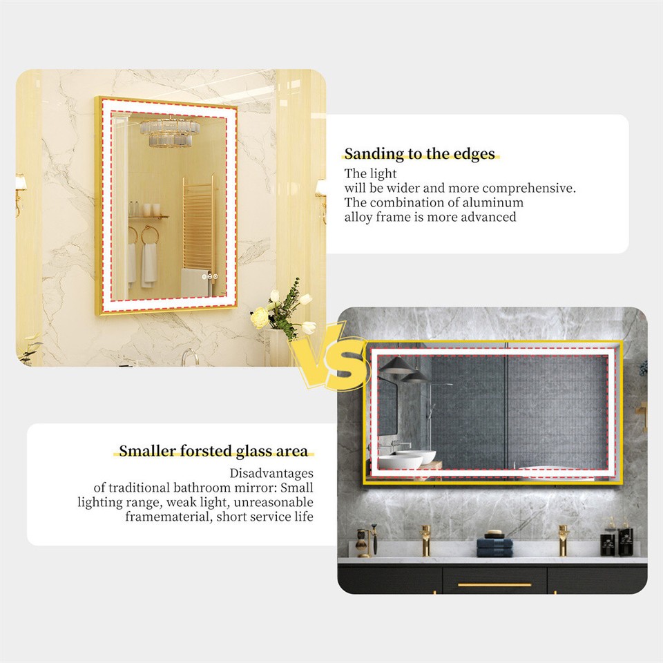 Gold Frame Lighted LED Bathroom Mirror Aluminum Alloy Beveled Edge ...