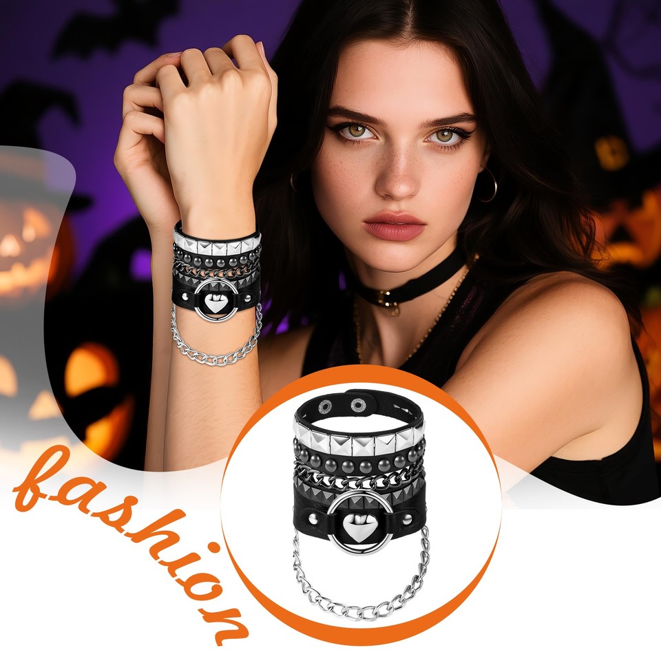 3pcs Punk Goth Heart Chain Rivet Stud Leather Bracelet Halloween ...