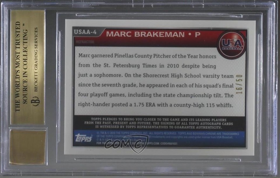 2010 Bowman Draft USA Team Gold Refractor /50 Marc Brakeman #USAA-4 BGS ...