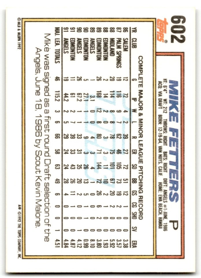 1992 Topps Mike Fetters California Angels #602 | eBay
