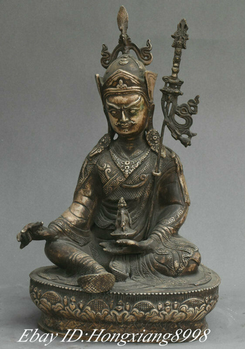 14" Old Tibet Buddhism Silver Seat Guru Padmasambhava Rinpoche Buddha ...