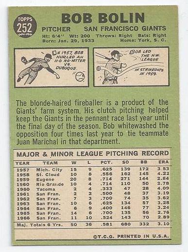 1967 TOPPS # 252 BOB BOLIN SAN FRANCISCO GIANTS BASEBALL CARD - LOOK ...