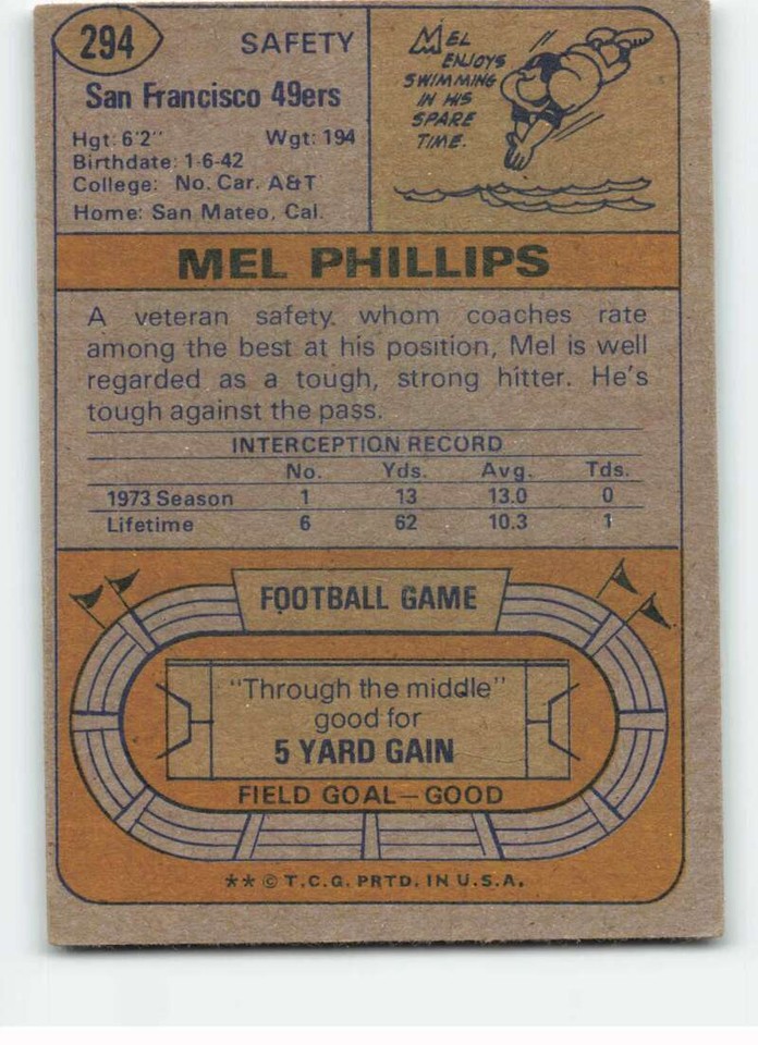 1974 Topps #294 Mel Phillips G/VG Good/Very Good 49ers | eBay
