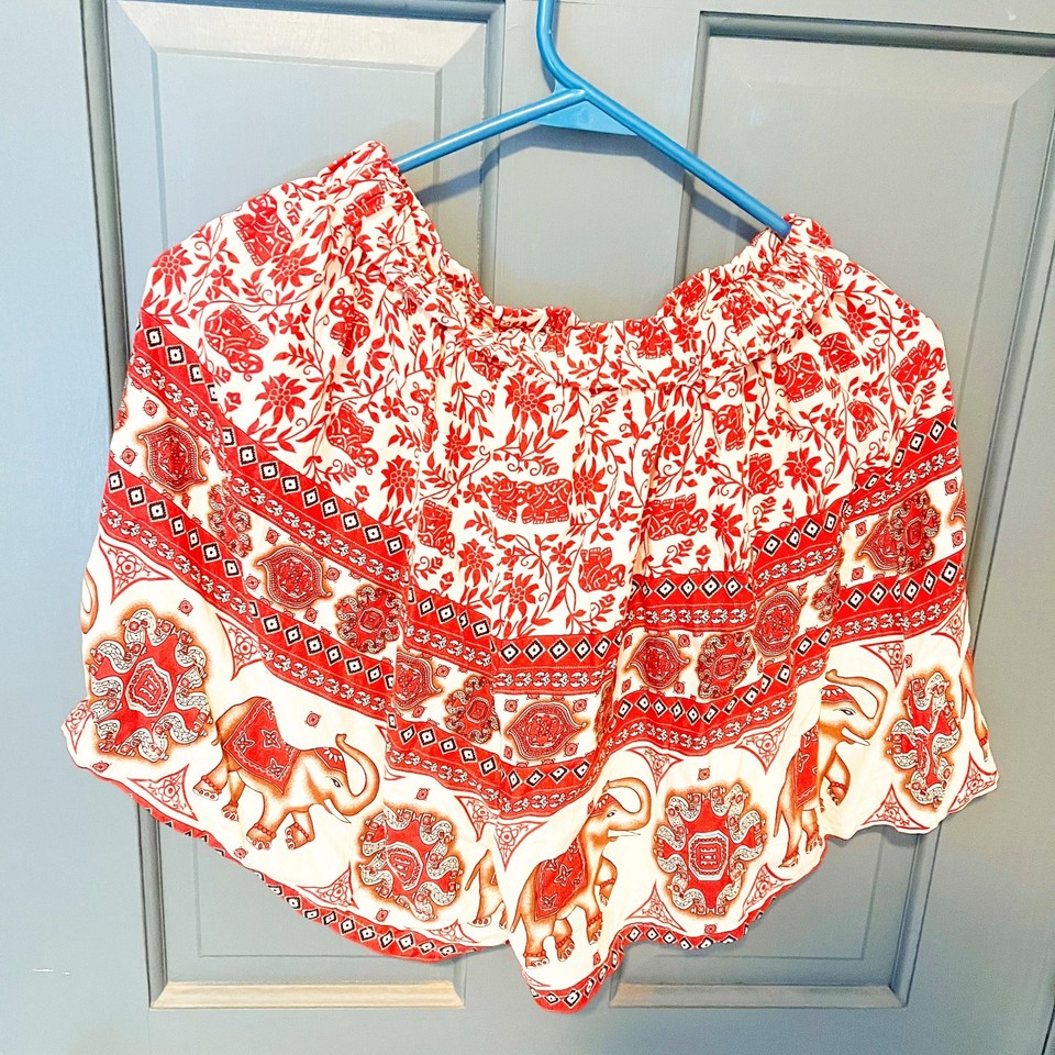 Women’s Red White Elephant Print 2-Piece Set Boho Festival Shorts & Top ...