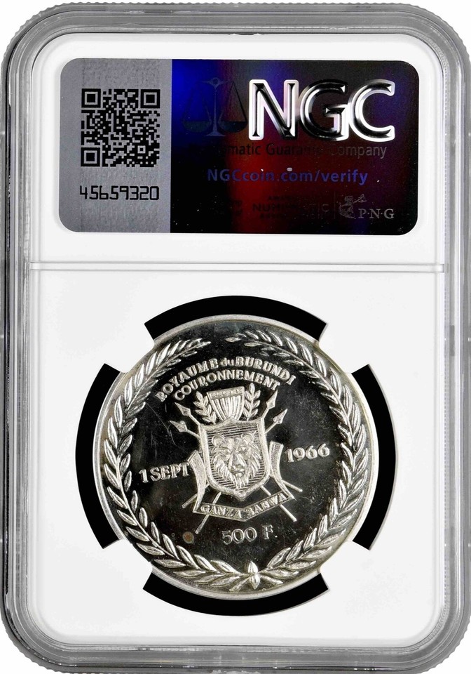 Burundi 500 francs 1966, NGC PL65, "Coronation of Ntare V" silver coin ...