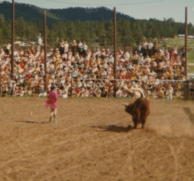 Rodeo Bull Charging Clown Large Crowd Dusty Arena Action Snapshot 1960s ...