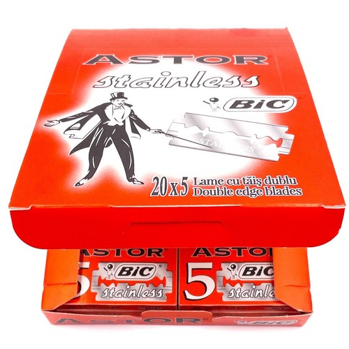 100 BIC Astor Stainless Double Edge Safety Razor Blades-SMOOTH (Card of ...