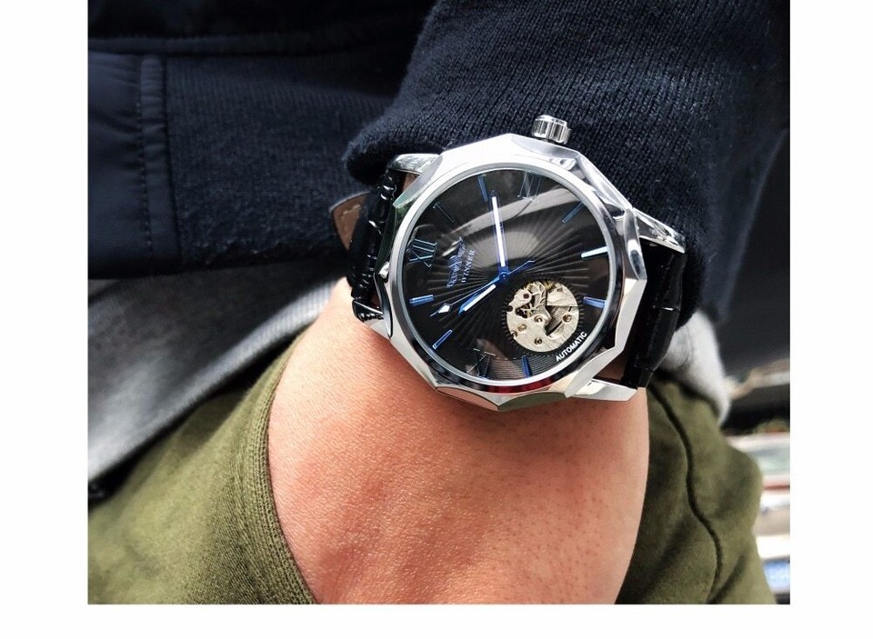 Blue Ocean Geometry Design Skeleton Dial Men's Automatic Mechanical ...