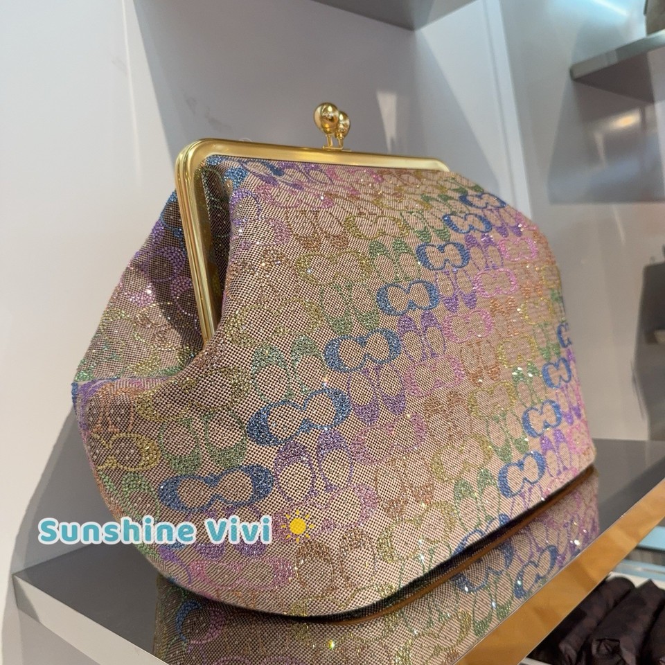 NWT Coach Large Kisslock Frame Bag Rainbow Crystal Signature Jacquard ...
