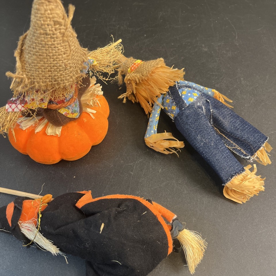 Vtg Scarecrow Autumn Halloween Tabletop Decor Straw Corn Crow Fall ...