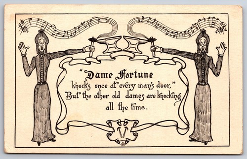 Comic Pun~Dame Fortune Knocks Once~Old Maid Spinsters Knock All the Time~c1905 | eBay