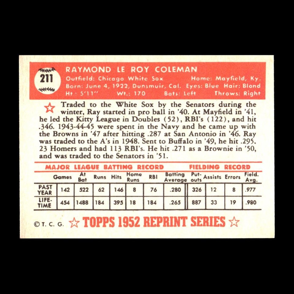 Ray Coleman 1983 Topps 1952 Reprint Series Chicago White Sox #211 NM+ ...