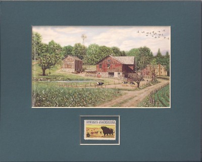 RURAL AMERICA - FARM SCENE - BARN & COWS - FRAMEABLE POSTAGE STAMP ART ...
