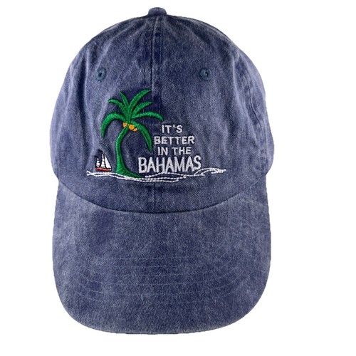 “It’s Better in the Bahamas” Palm & BoatWashed Blue Cotton Hat Cap ...