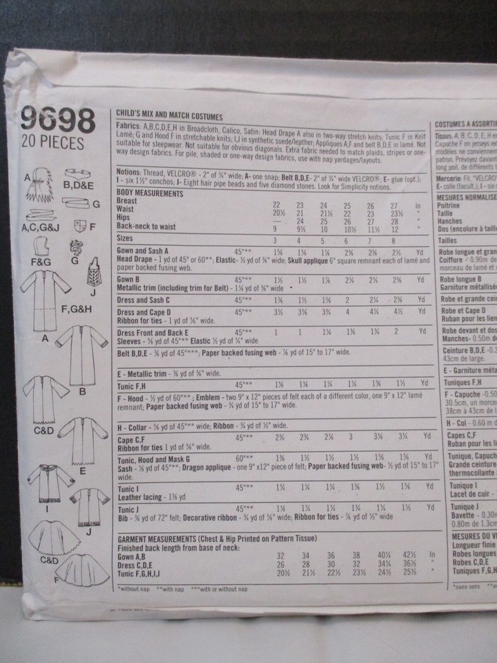 Simplicity Pattern 9698 Costumes Child Sz 3-8 Ninja Witch Devil ...