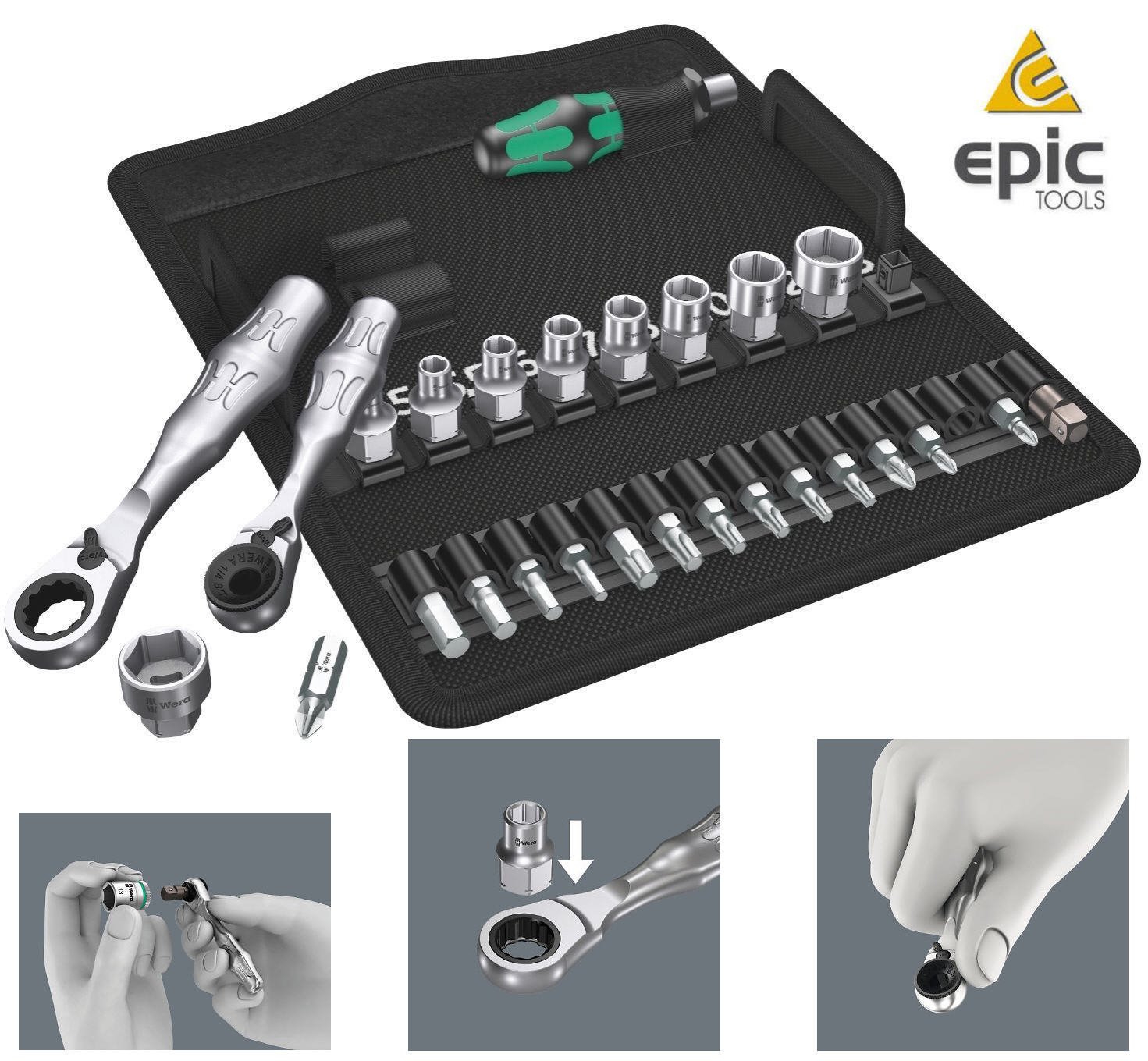 WERA 27 Pce 1/4" KK Zyklop Mini Ratchets & Sockets + Screwdriver Bit ...