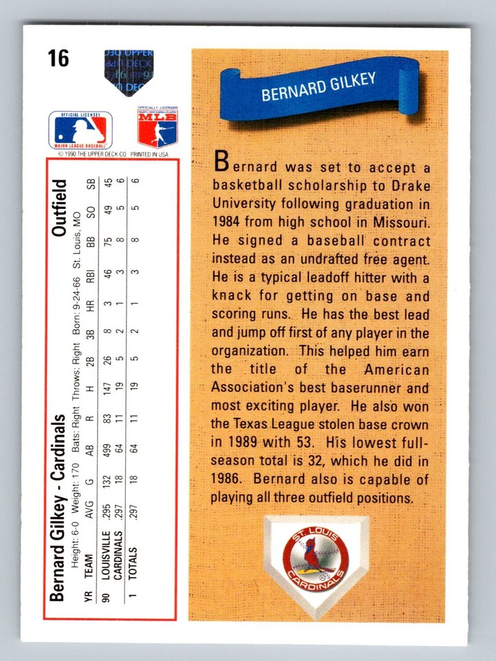 Bernard Gilkey St. Louis Cardinals 1991 Upper Deck #16 Card | eBay
