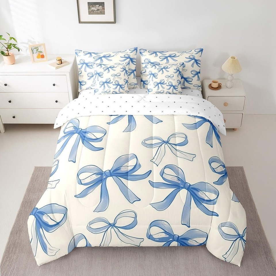Blue Bow Comforter Set with Sheets Cute Bowknot Bed in a Bag for Boys ...