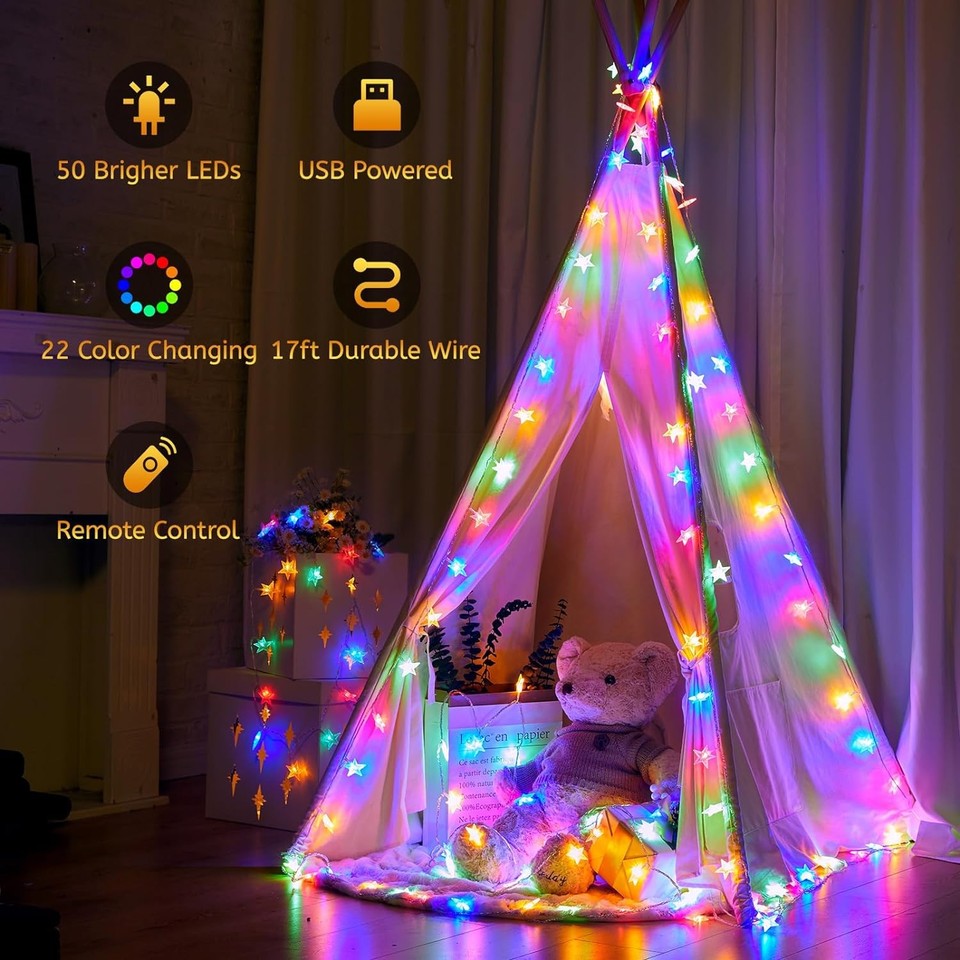 Minetom Color Changing Star String Lights - 17 ft 50 LED Star Fairy ...