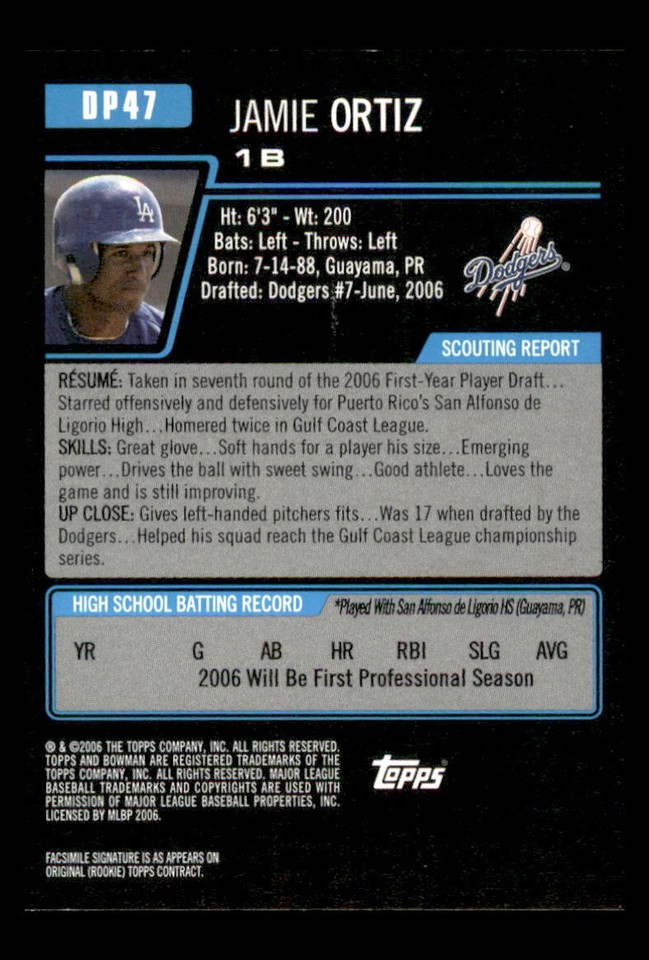 2006 Baseball Bowman 1st Card Jamie Ortiz Los Angeles Dodgers #DP47 ...
