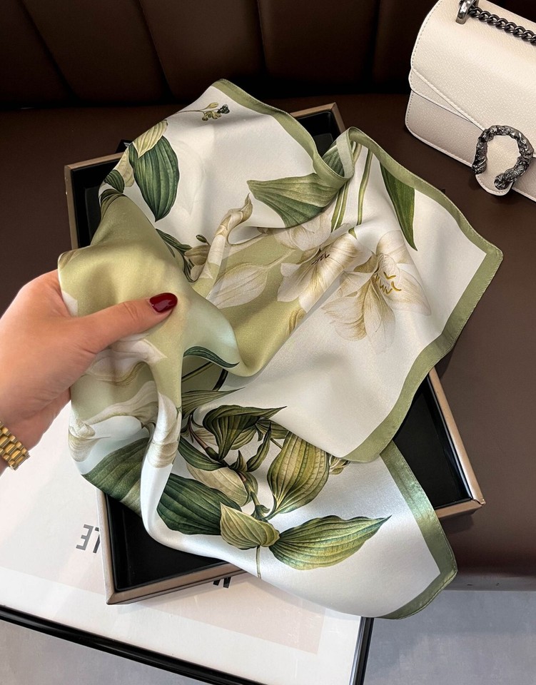 100% Silk Scarf Women Vintage Green Flower Kerchief Square Bandana Wrap ...