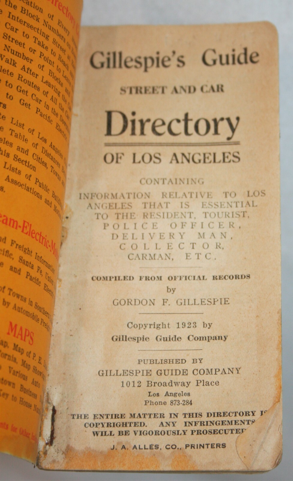 Vintage 1924 GILLESPIE'S GUIDE Street & Car Directory LOS ANGELES ...