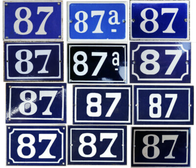 Old blue French house number 87 A door gate wall plate steel enamel ...