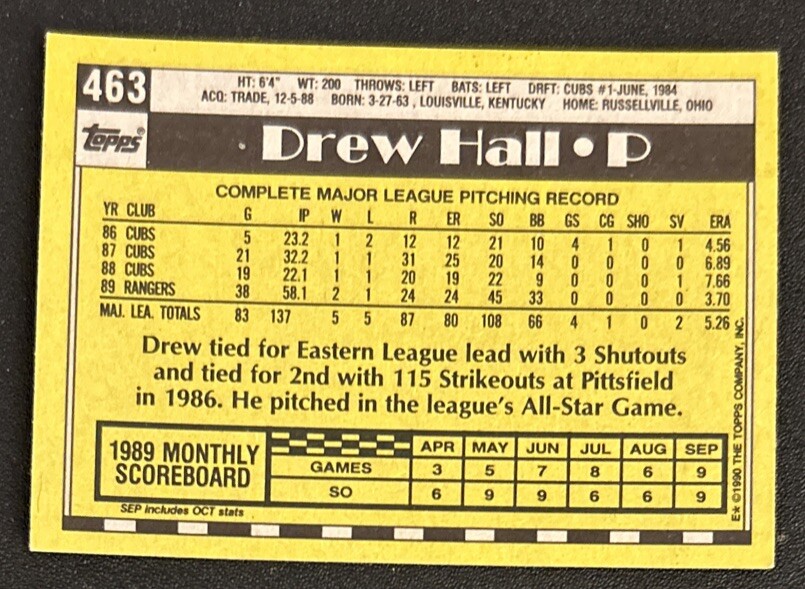 1990 Topps Drew Hall Baseball Card #463 Rangers Pitcher Mid-Grade VG O ...
