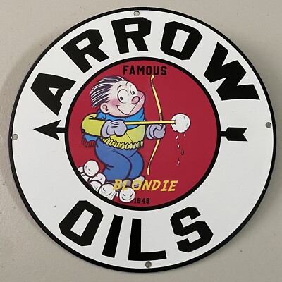 VINTAGE ARROW OIL PORCELAIN SIGN GAS MOTOR OIL PETROLEUM LUBE AUTO PUMP ...