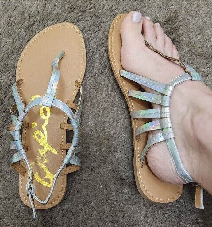 Silver or Black T-Strap Strappy Sandals Flats Women's | eBay