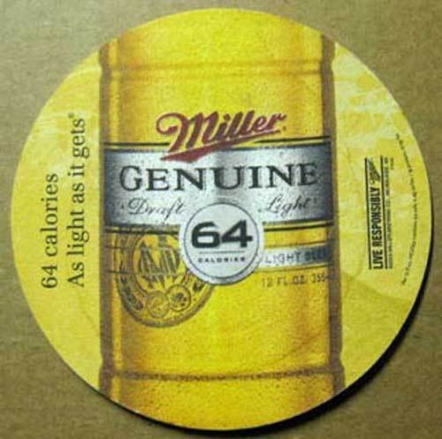 MILLER GENUINE DRAFT LIGHT 64 Calories Beer COASTER, Mat, WISCONSIN | eBay