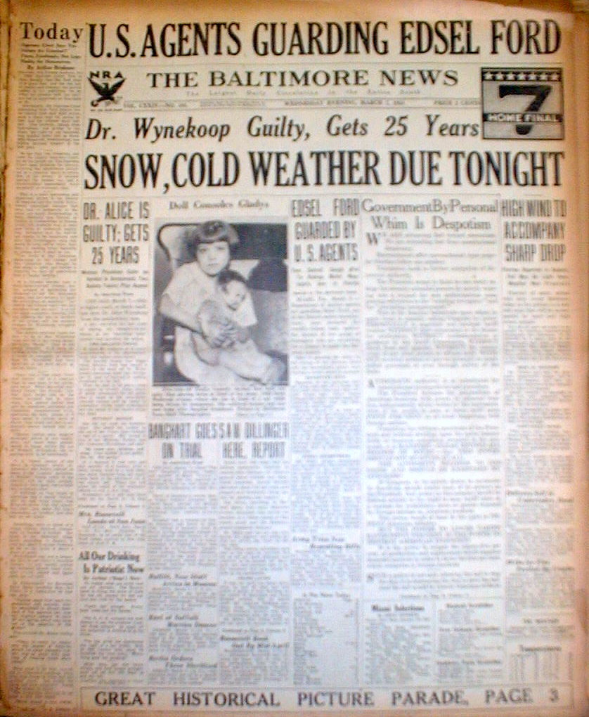 1934 newspaper Outlaw JOHN DILLINGER escapes jail -Flees thru BALTIMORE ...