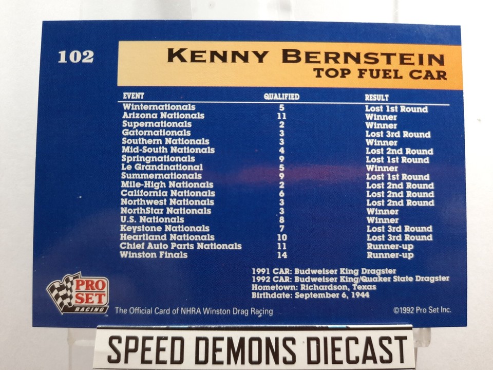 1992 Pro Set Nhra Kenny Bernstein Trading Card #102 | eBay
