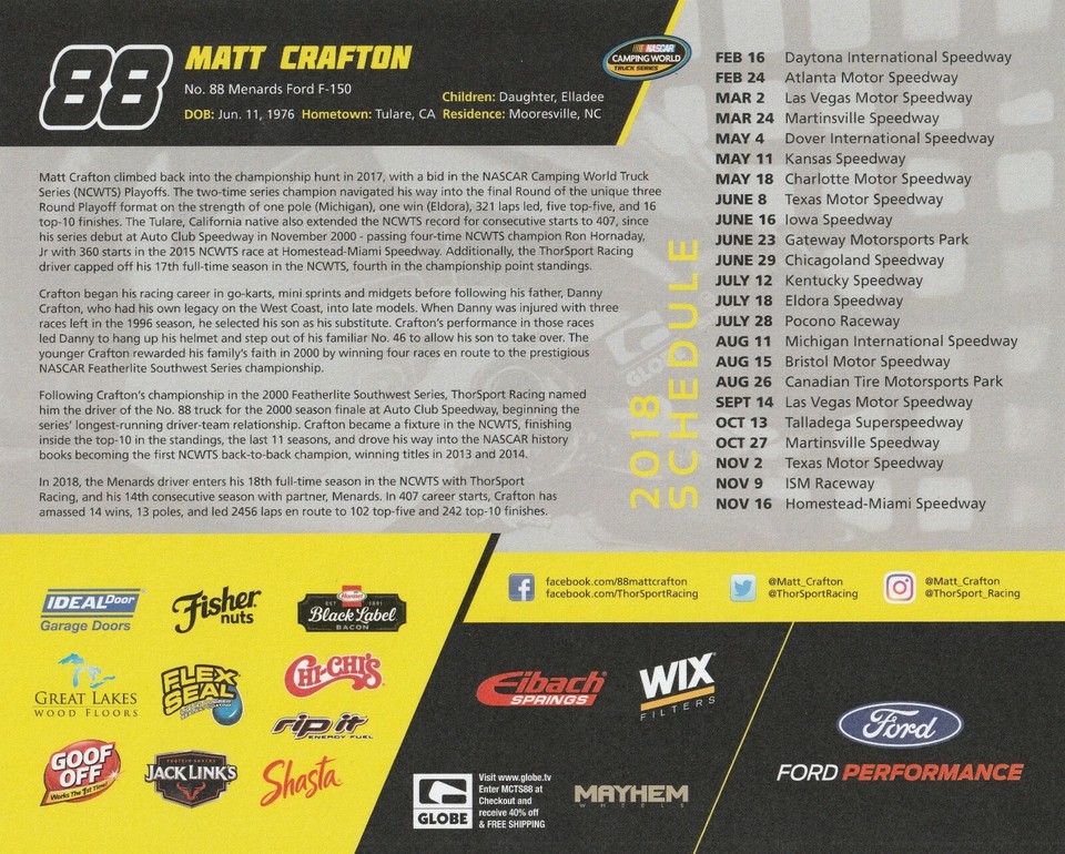 2018 MATT CRAFTON signed NASCAR HERO PHOTO CARD POSTCARD MENARDS FORD ...