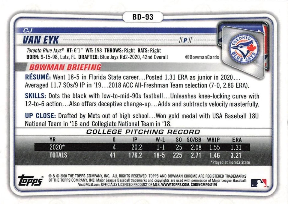 2020 BOWMAN CHROME - CJ VAN EYK BLUE JAYS | eBay