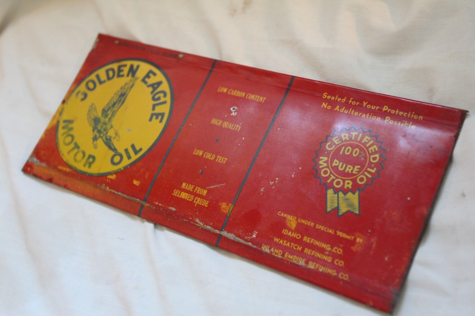 Vtg Golden Eagle Motor Oil Can Wrap Idaho Wasatch Inland Refining ...