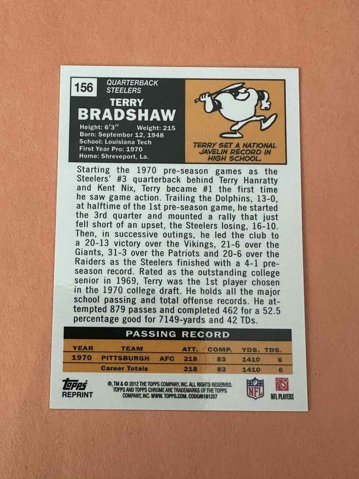TERRY BRADSHAW 2012 Topps Finest 1971 Rookie Autograph card Authentic ...