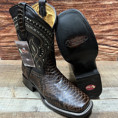 Men's Python Print WESTERN Cowboy Rancher Square-Toe Boots Brown Bota ...