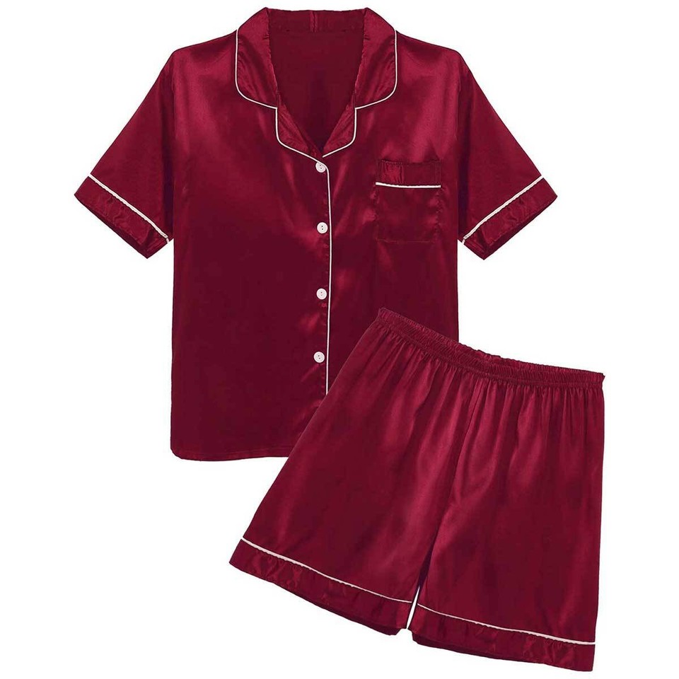 Mens Satin Pajamas Set Short Sleeves Button Down Shirt With Shorts
