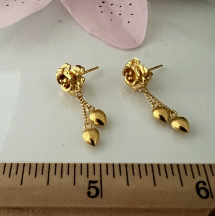 22K 23K 24K THAI BAHT GOLD FD ~ ORCHID FLOWER WITH HEART DROP DANGLE ...