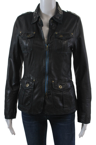 Saga Ibanez Womens Leather Zippered Long Sleeve Basic Jacket Black Size ...