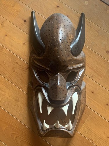 Wooden Beast Face Wall Hanging Mask, Carved Animal Decor, Black & Brown ...