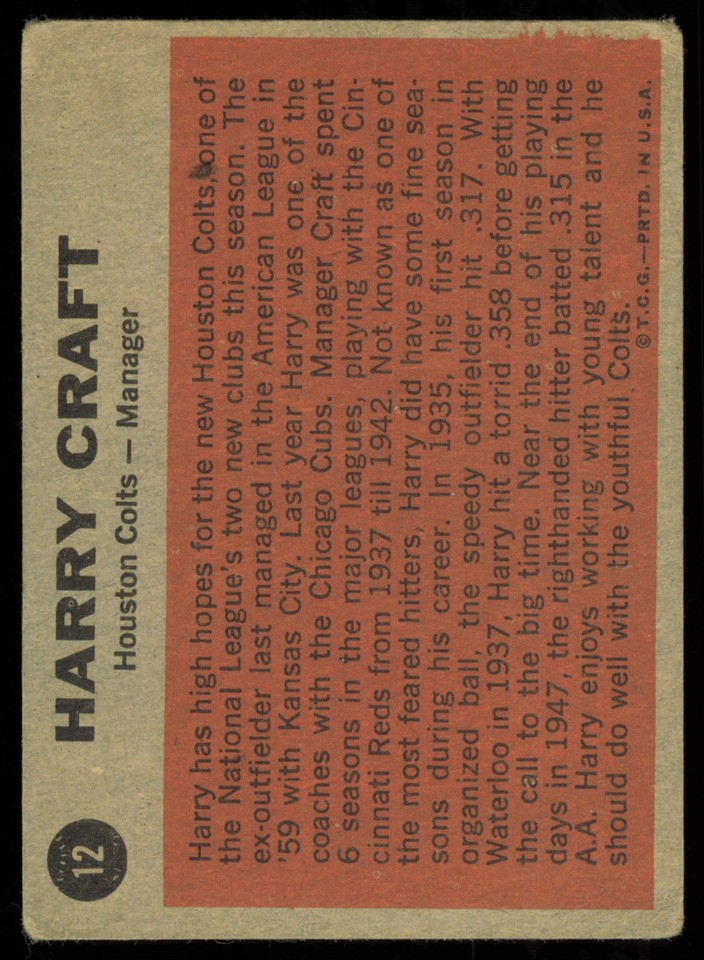 1962 Topps #12 Harry Craft Houston Colt .45s | eBay