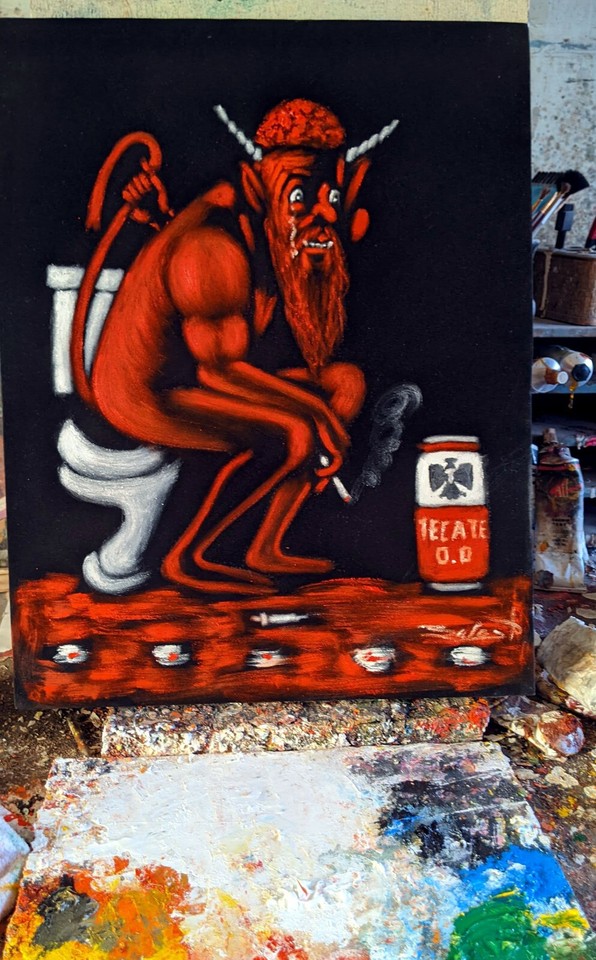 The Devil Smoking on the Toilet Original Black Velvet Oil Painting ...