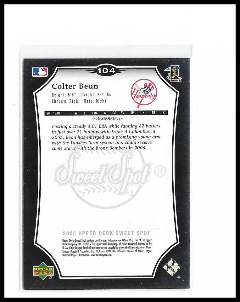 2005 Upper Deck Sweet Spot #104 Colter Bean #/399 New York Yankees | eBay