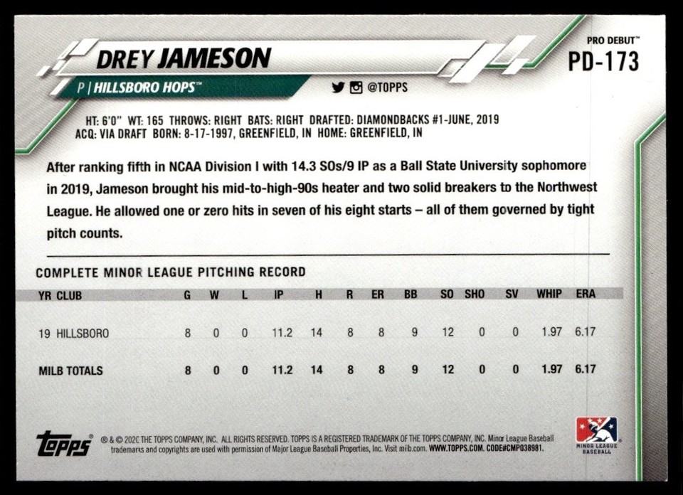 2020 Topps Pro Debut Drey Jameson Hillsboro Hops #PD-173 | eBay